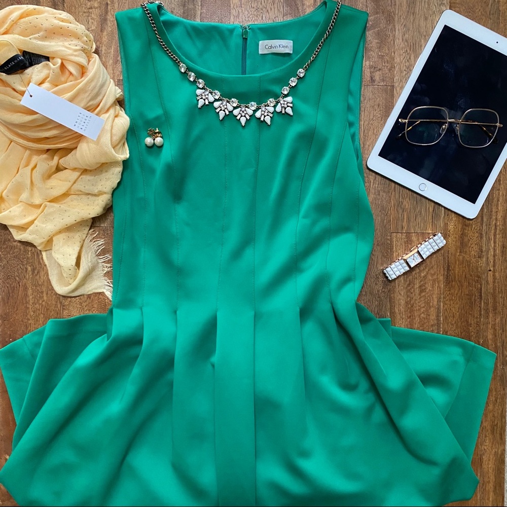 Green Fit And Flare Office Dress With Pockets - Gem
